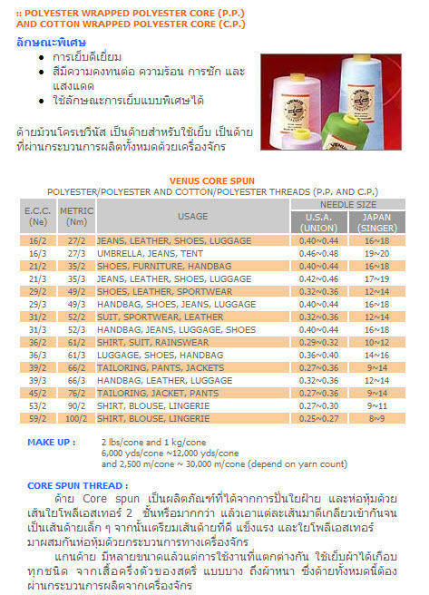 PRODUCT Venus Core Spun : บริษัท วีนัสเธร็ด จำกัด | Venus Thread Co., Ltd.